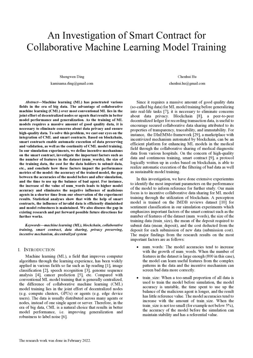 An Investigation of Smart Contract for Collaborative Machine Learning Model Training | DeepAI