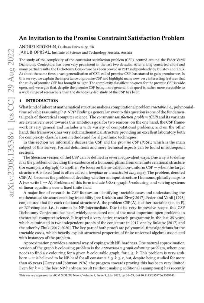 An invitation to the promise constraint satisfaction problem | DeepAI