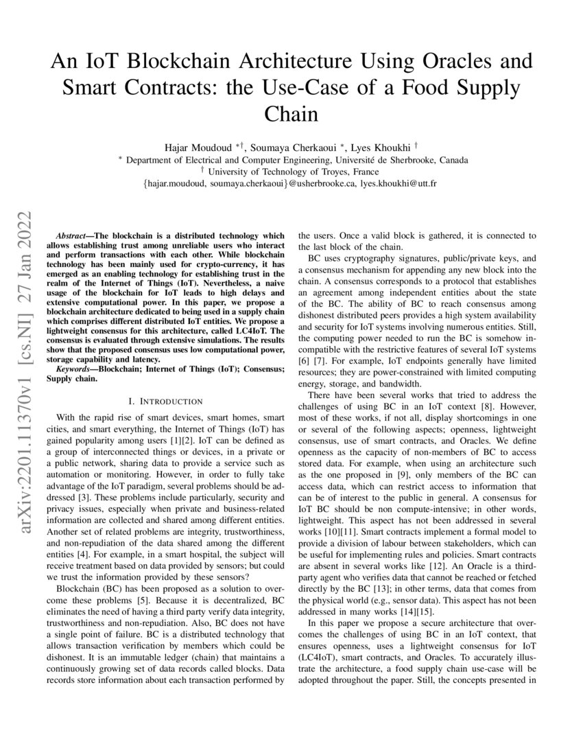 An Iot Blockchain Architecture Using Oracles And Smart Contracts The Use Case Of A Food Supply