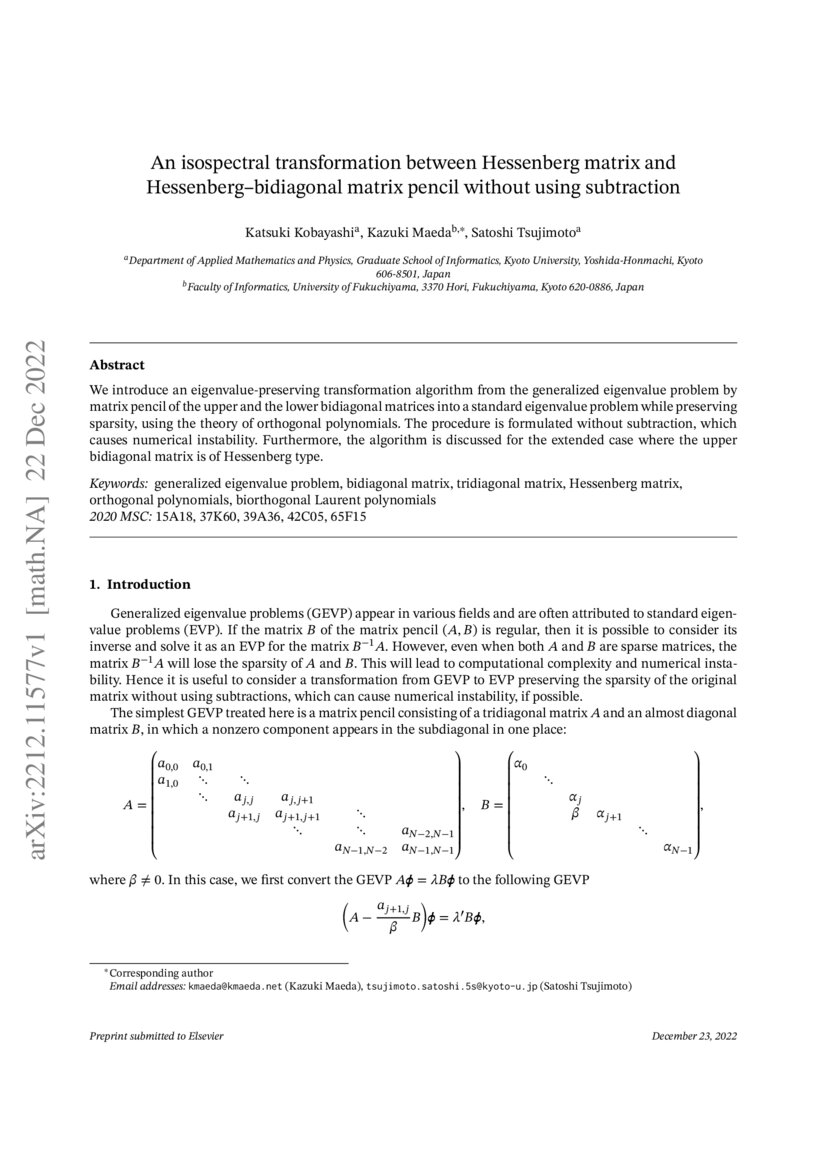 An isospectral transformation between Hessenberg matrix and Hessenberg-bidiagonal matrix pencil ...
