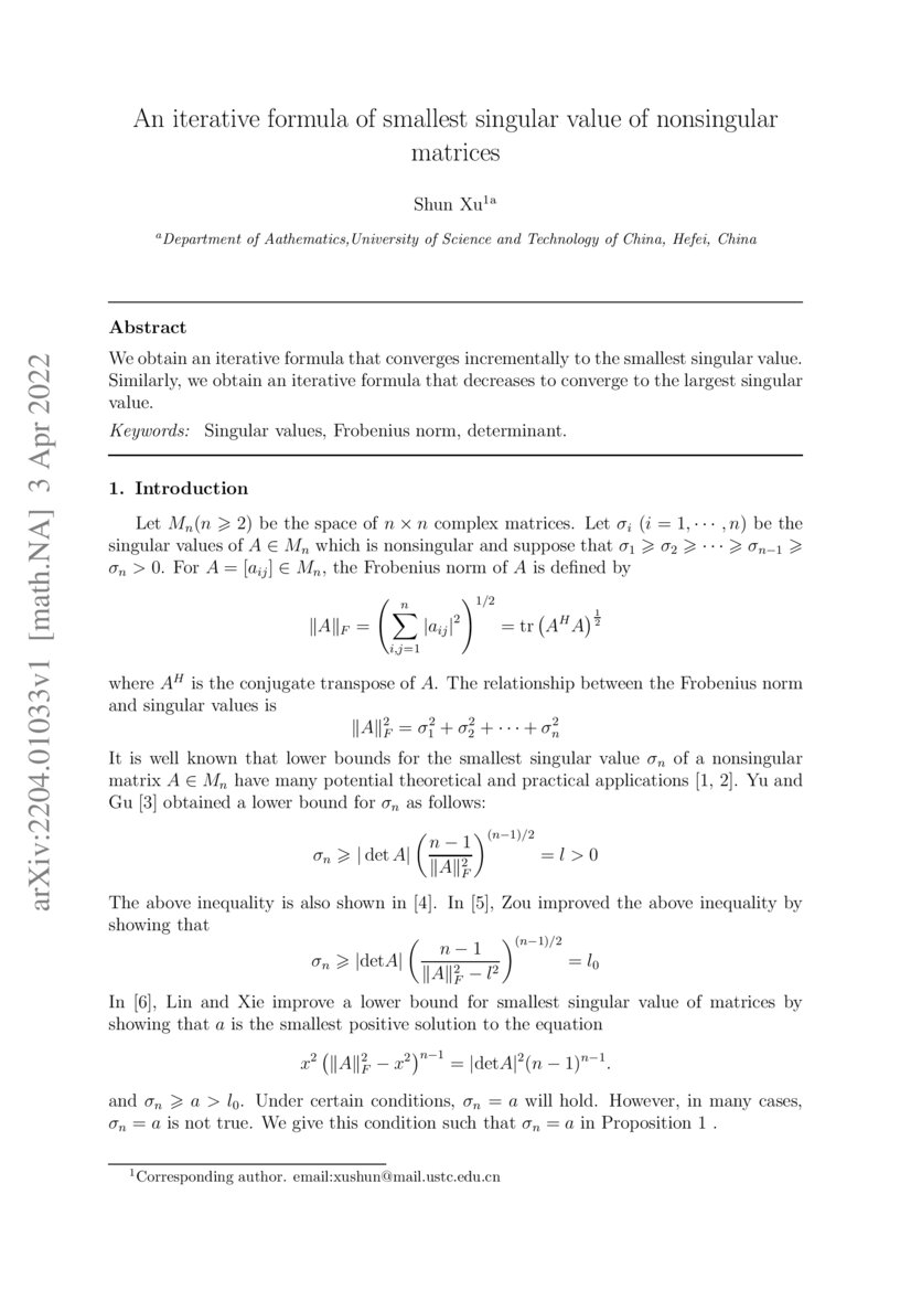 An Iterative Formula Of Smallest Singular Value Of Nonsingular Matrices Deepai