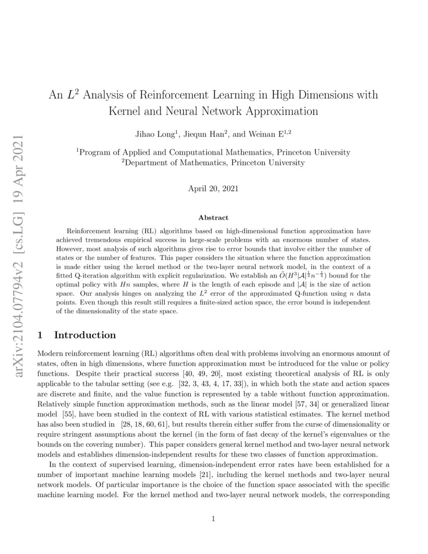 An L2 Analysis Of Reinforcement Learning In High Dimensions With Kernel And Neural Network