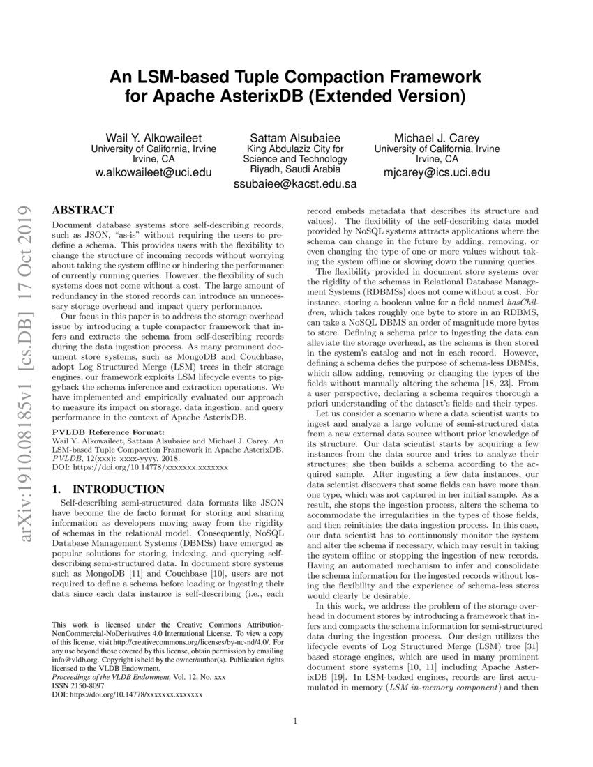 An Lsm Based Tuple Compaction Framework For Apache Asterixdb Deepai