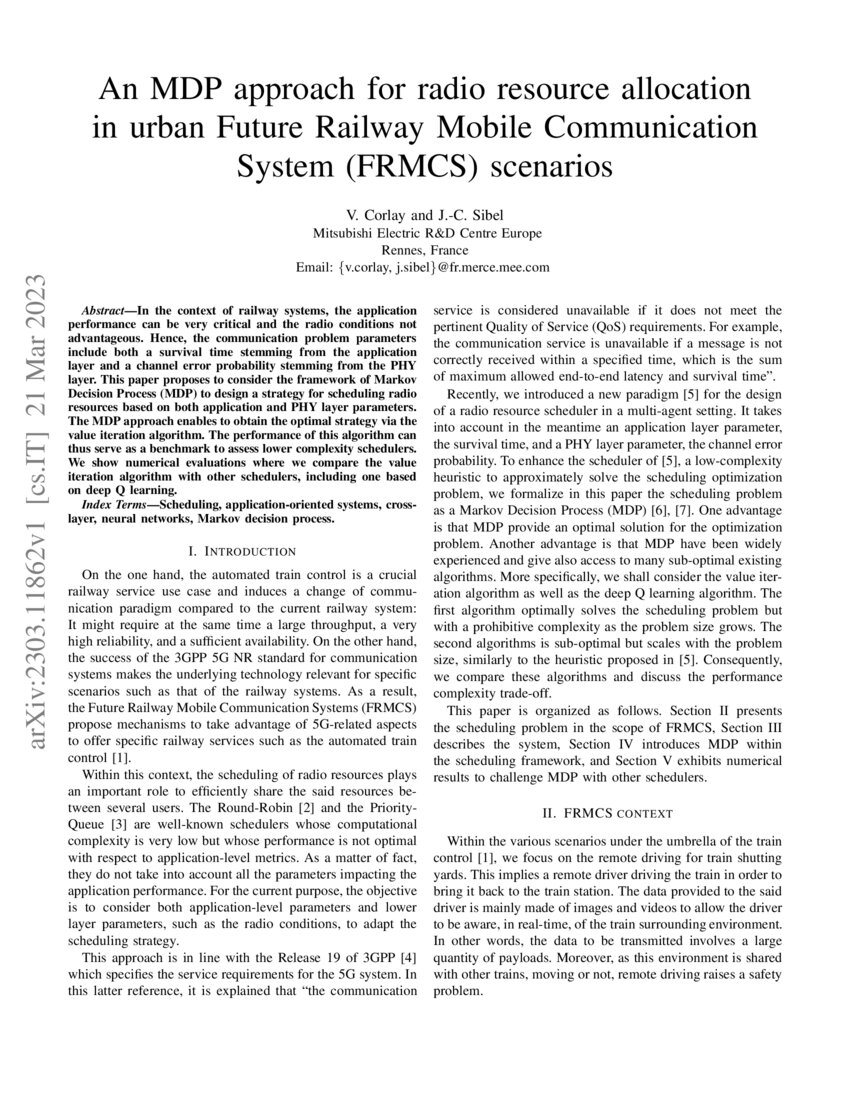 An Mdp Approach For Radio Resource Allocation In Urban Future Railway