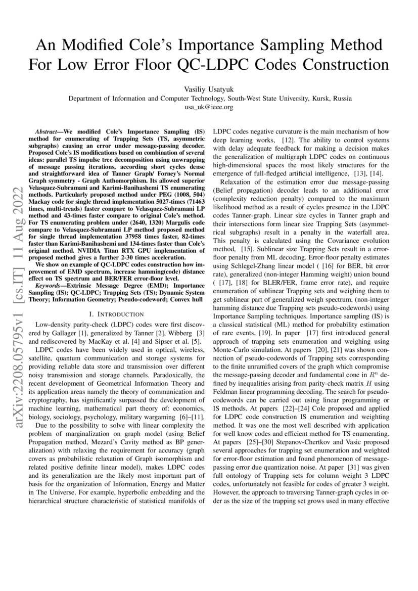 An Modified Coles Importance Sampling Method For Low Error Floor Qc Ldpc Codes Construction 