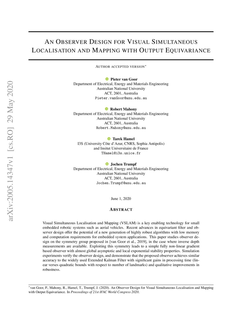 An Observer Design for Visual Simultaneous Localisation and Mapping ...