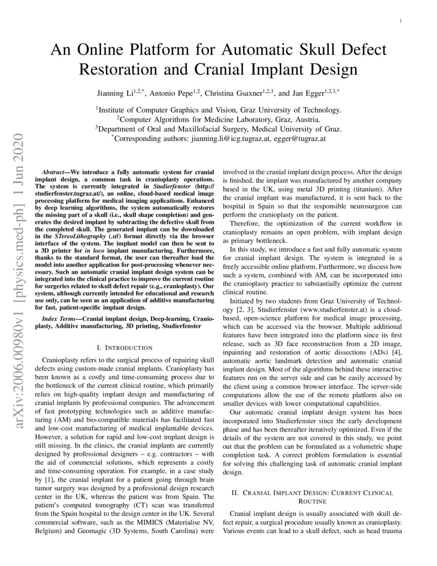 An Online Platform for Automatic Skull Defect Restoration and Cranial Implant Design | DeepAI
