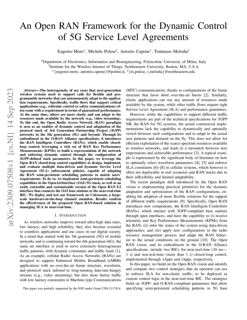 An Open RAN Framework for the Dynamic Control of 5G Service Level ...