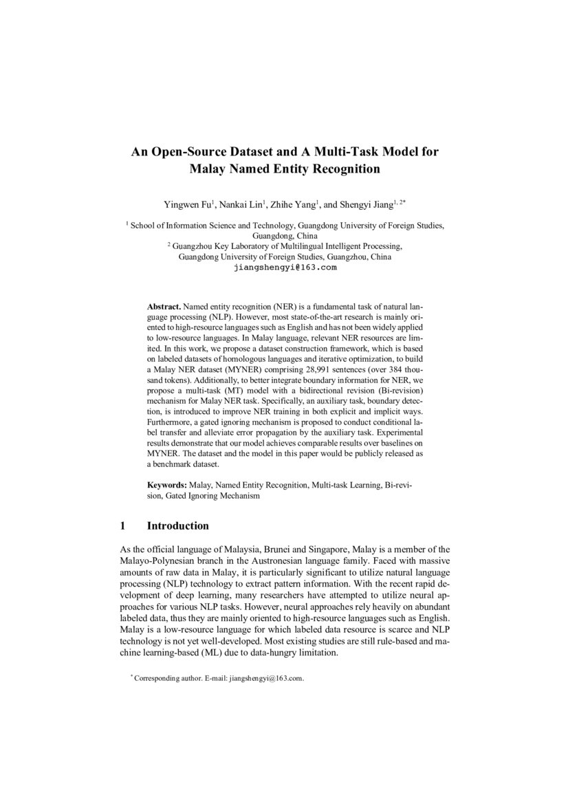 An Open Source Dataset And A Multi Task Model For Malay Named Entity Recognition Deepai