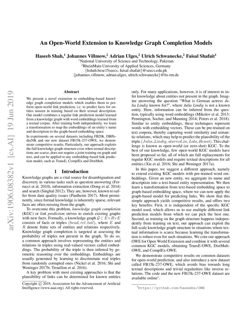 An Open-World Extension to Knowledge Graph Completion Models | DeepAI