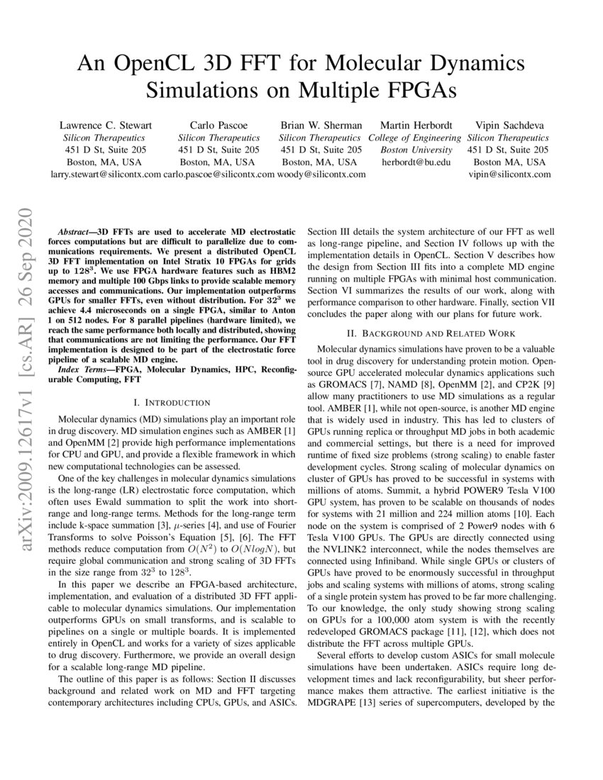An OpenCL 3D FFT for Molecular Dynamics Distributed Across Multiple FPGAs | DeepAI