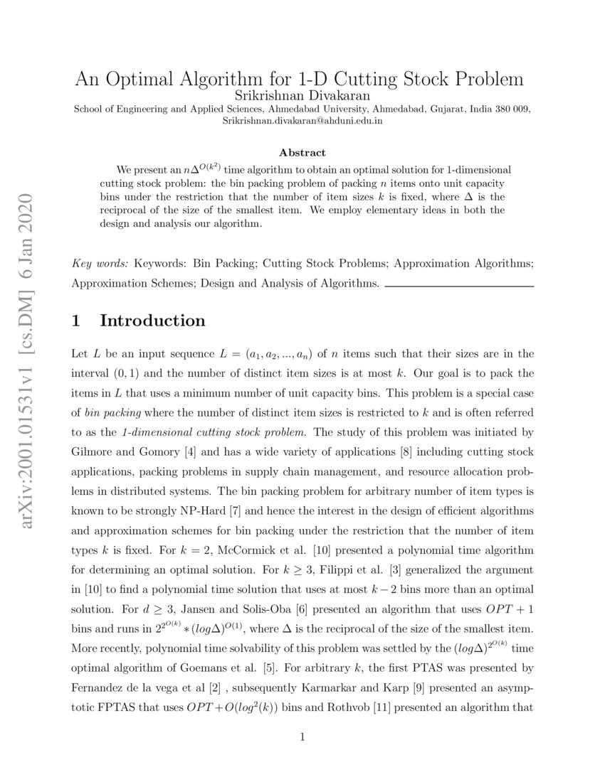 An Optimal Algorithm For 1 D Cutting Stock Problem Deepai 6804
