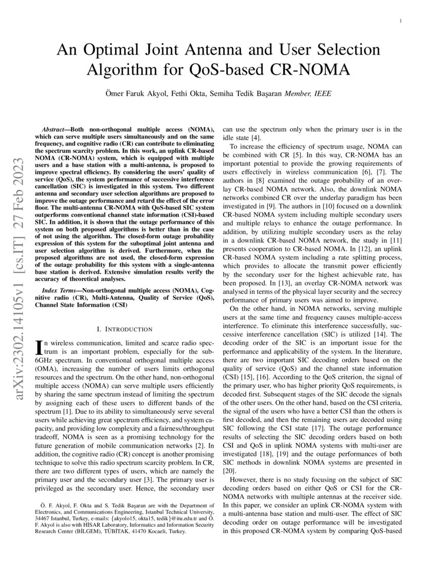 An Optimal Joint Antenna And User Selection Algorithm For Qos Based Cr Noma Deepai