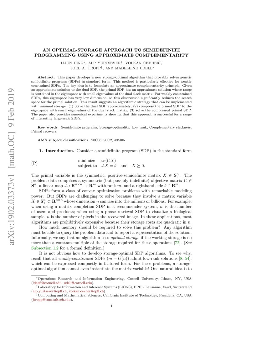 An Optimal Storage Approach To Semidefinite Programming Using Approximate Complementarity Deepai