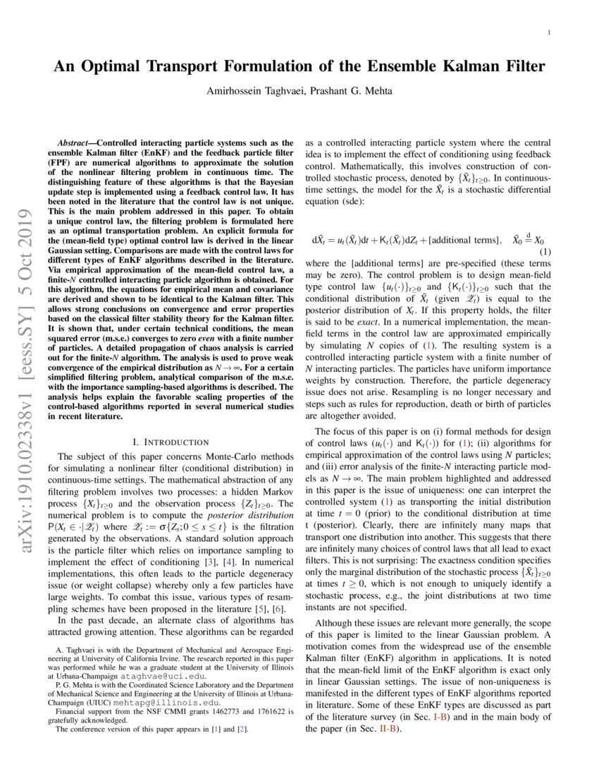 An Optimal Transport Formulation Of The Ensemble Kalman Filter Deepai