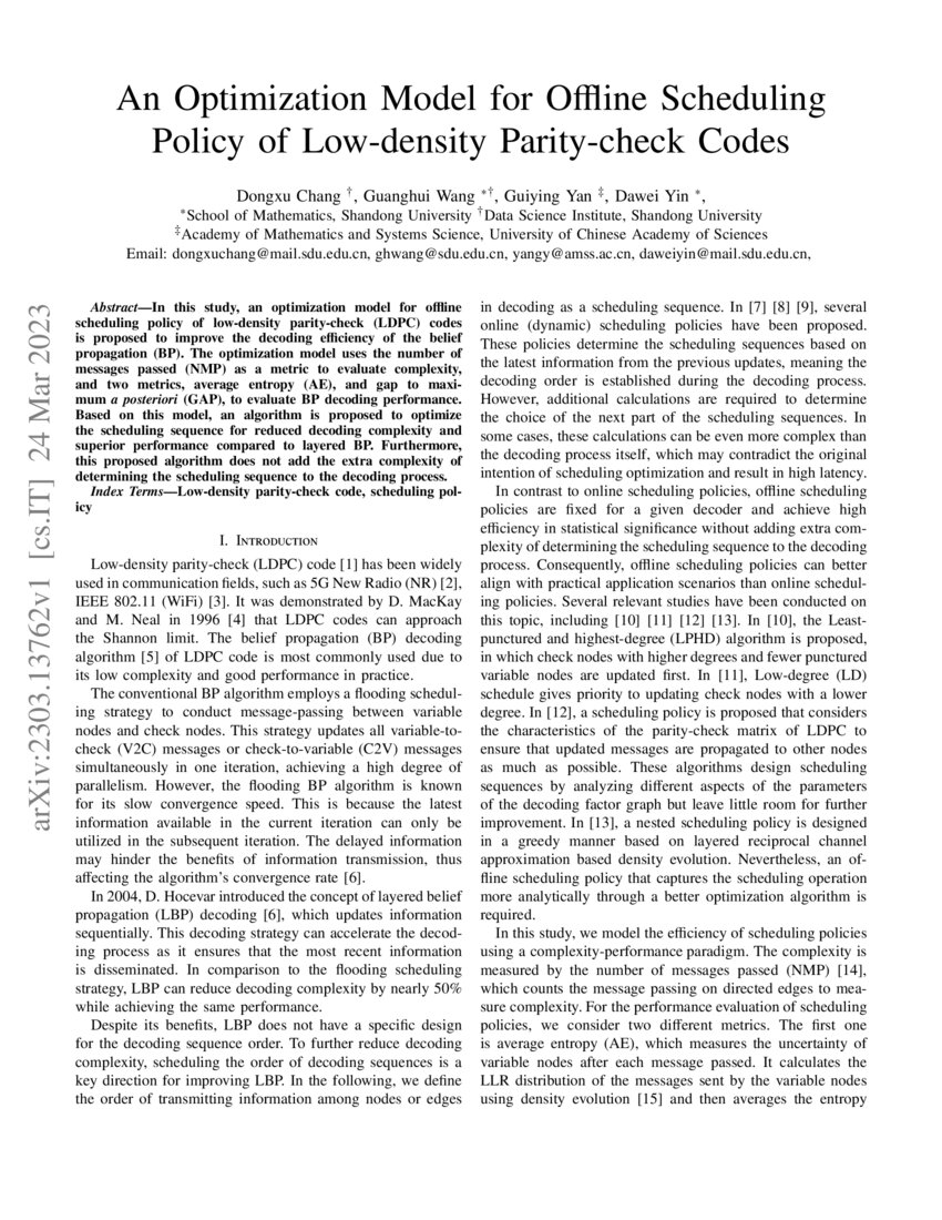 An Optimization Model For Offline Scheduling Policy Of Low Density Parity Check Codes Deepai
