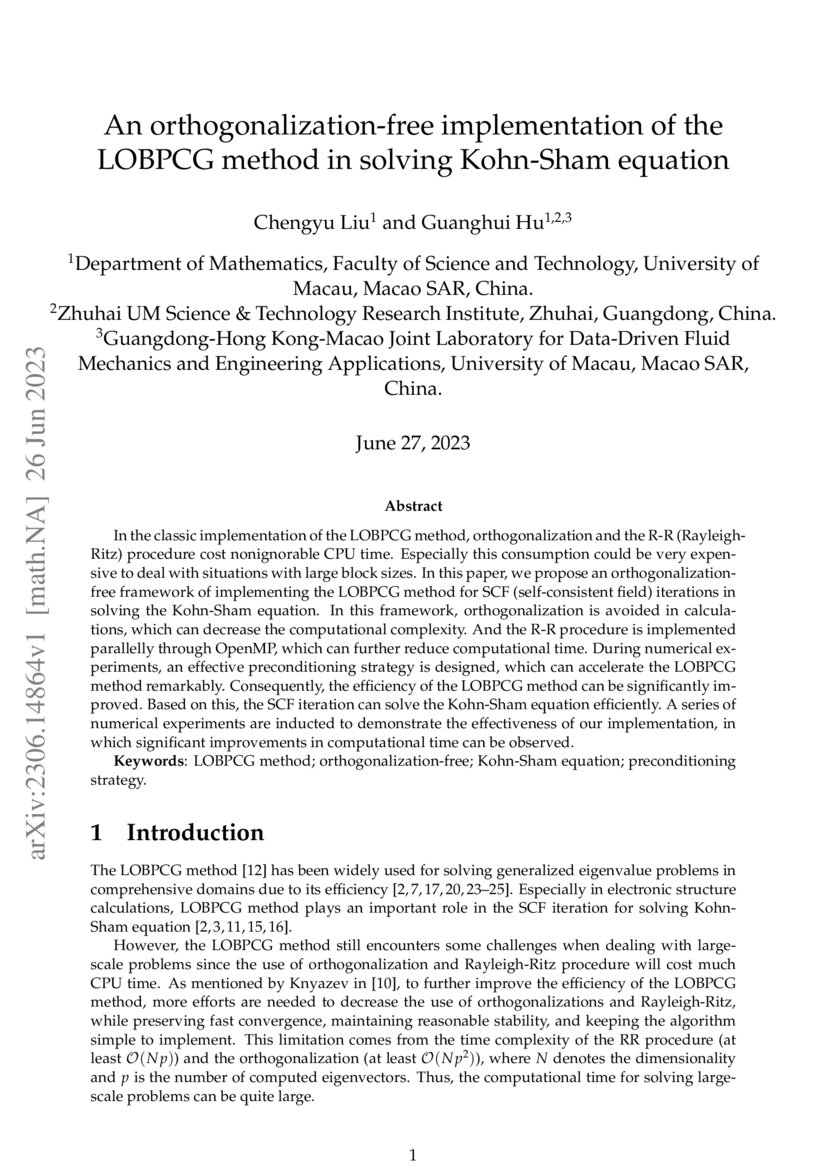 An orthogonalization-free implementation of the LOBPCG method in solving Kohn-Sham equation | DeepAI