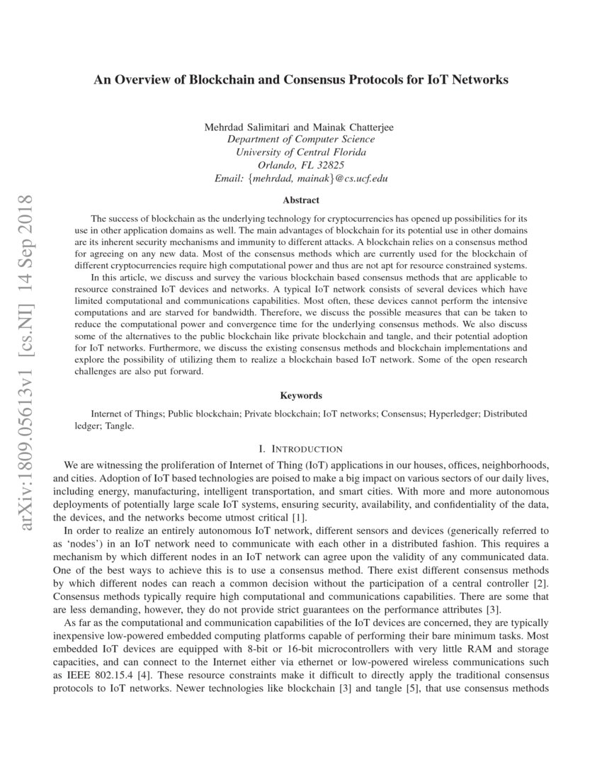 An Overview of Blockchain and Consensus Protocols for IoT Networks | DeepAI