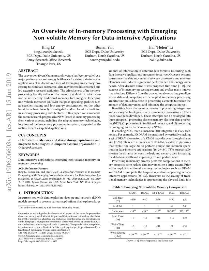 An Overview Of In Memory Processing With Emerging Non Volatile Memory For Data Intensive