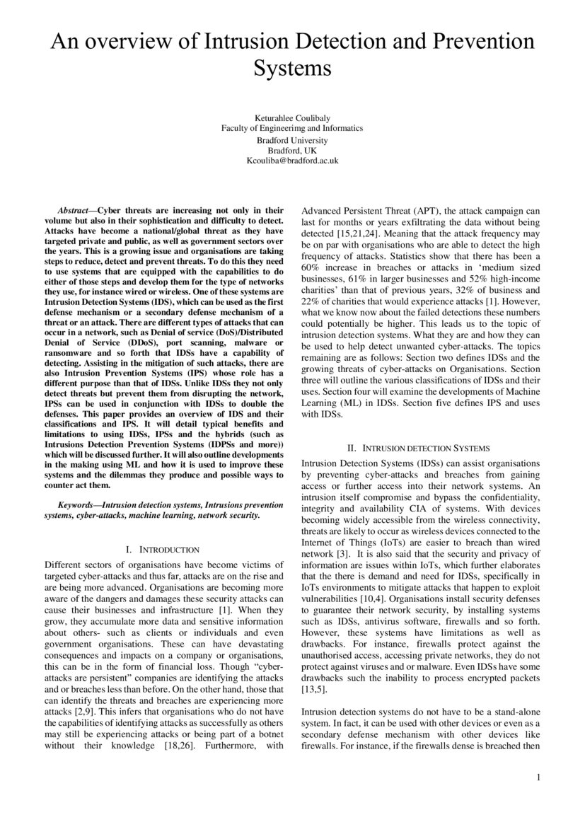 An Overview Of Intrusion Detection And Prevention Systems Deepai