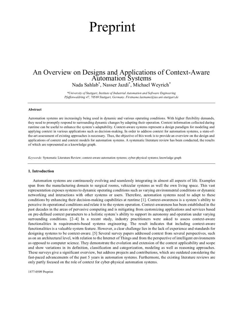 An Overview On Designs And Applications Of Context Aware Automation Systems Deepai