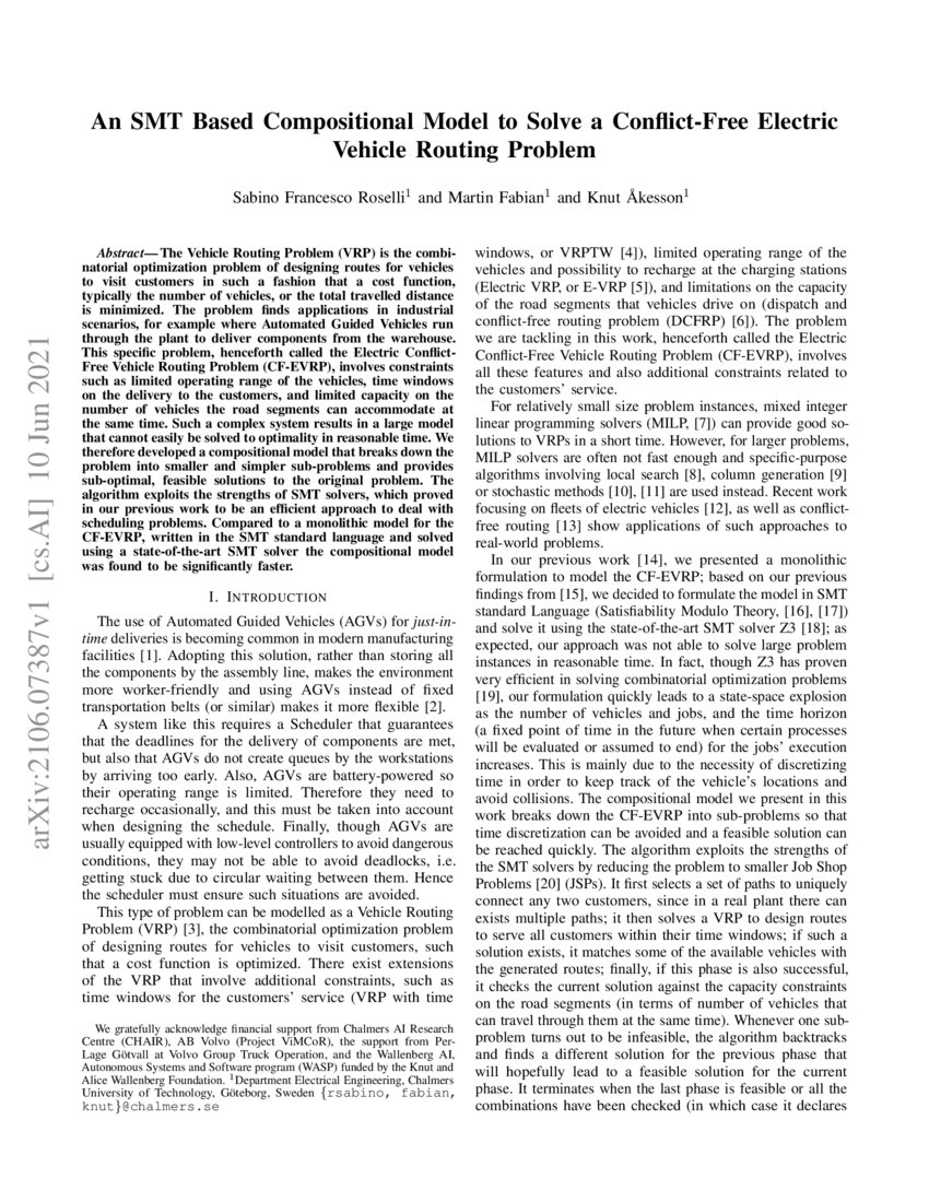 An Smt Based Compositional Model To Solve A Conflict Free Electric Vehicle Routing Problem Deepai 