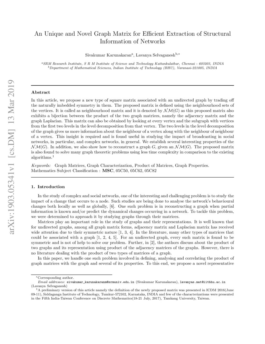 An Unique And Novel Graph Matrix For Efficient Extraction Of Structural Information Of Networks
