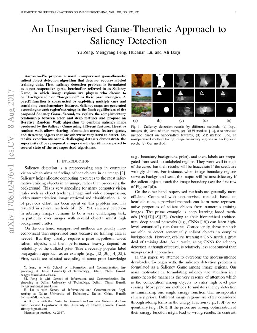 An Unsupervised Game-Theoretic Approach to Saliency Detection | DeepAI