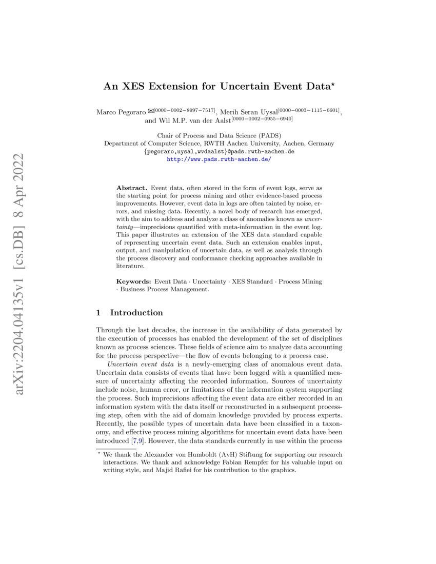 An XES Extension for Uncertain Event Data | DeepAI