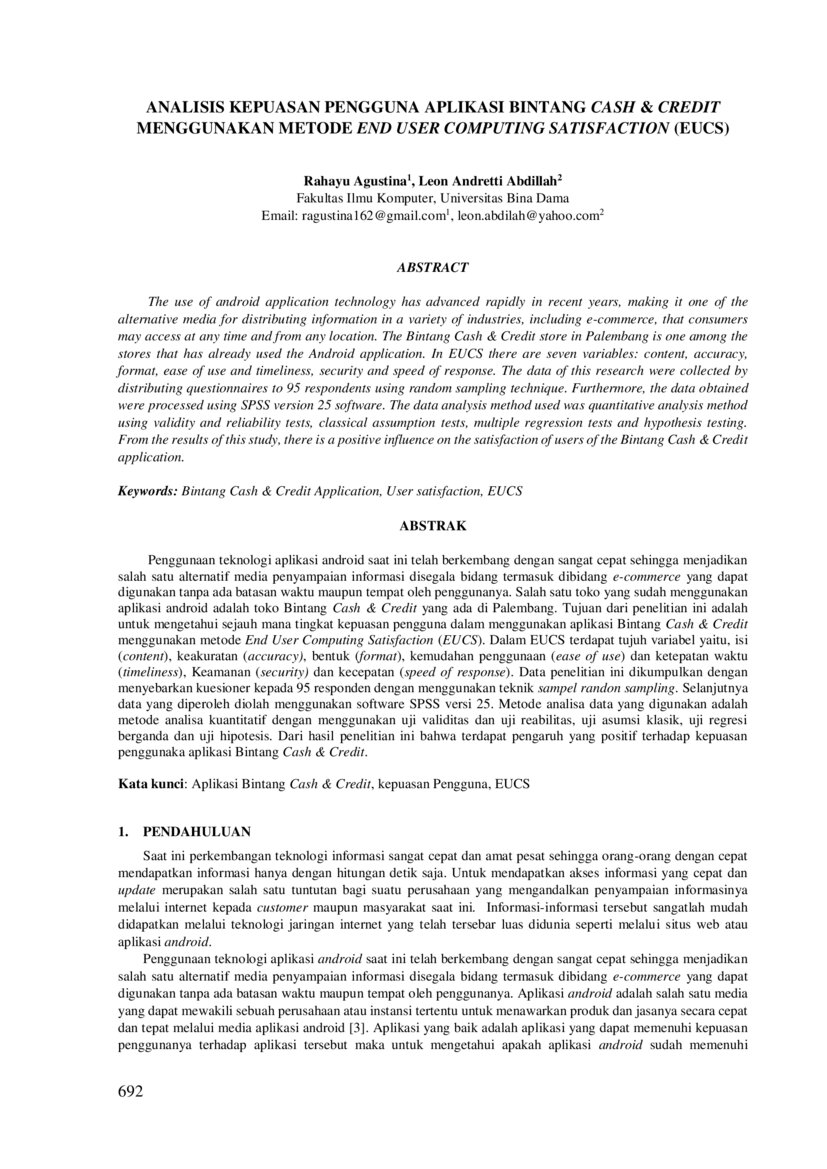 Analisis Kepuasan Pengguna Aplikasi Bintang Cash Credit Menggunakan Metode End User Computing