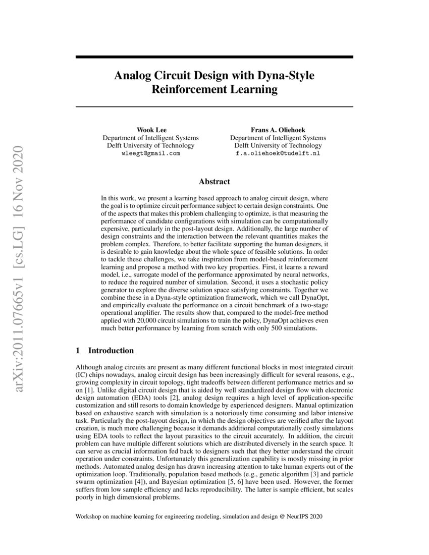 Analog Circuit Design with Dyna-Style Reinforcement Learning | DeepAI