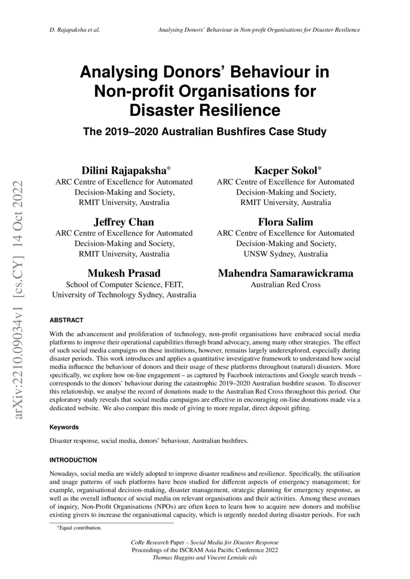 Analysing Donors' Behaviour in Non-profit Organisations for Disaster Resilience: The 2019–2020 ...