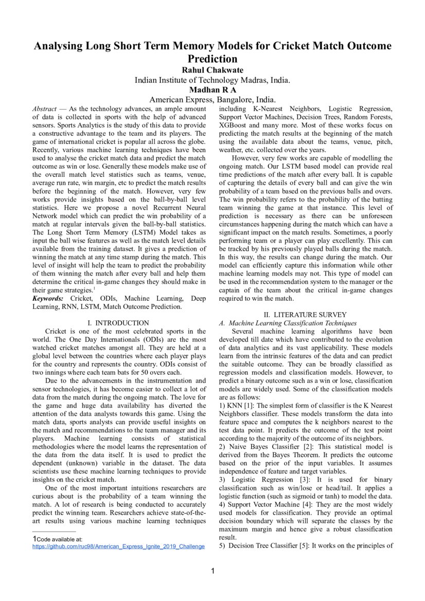 Analysing Long Short Term Memory Models for Cricket Match Outcome Prediction | DeepAI