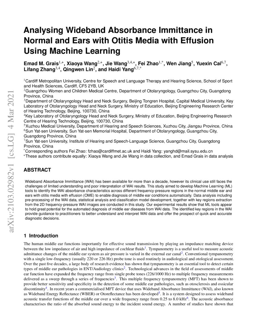 Analysing Wideband Absorbance Immittance in Normal and Ears with Otitis ...