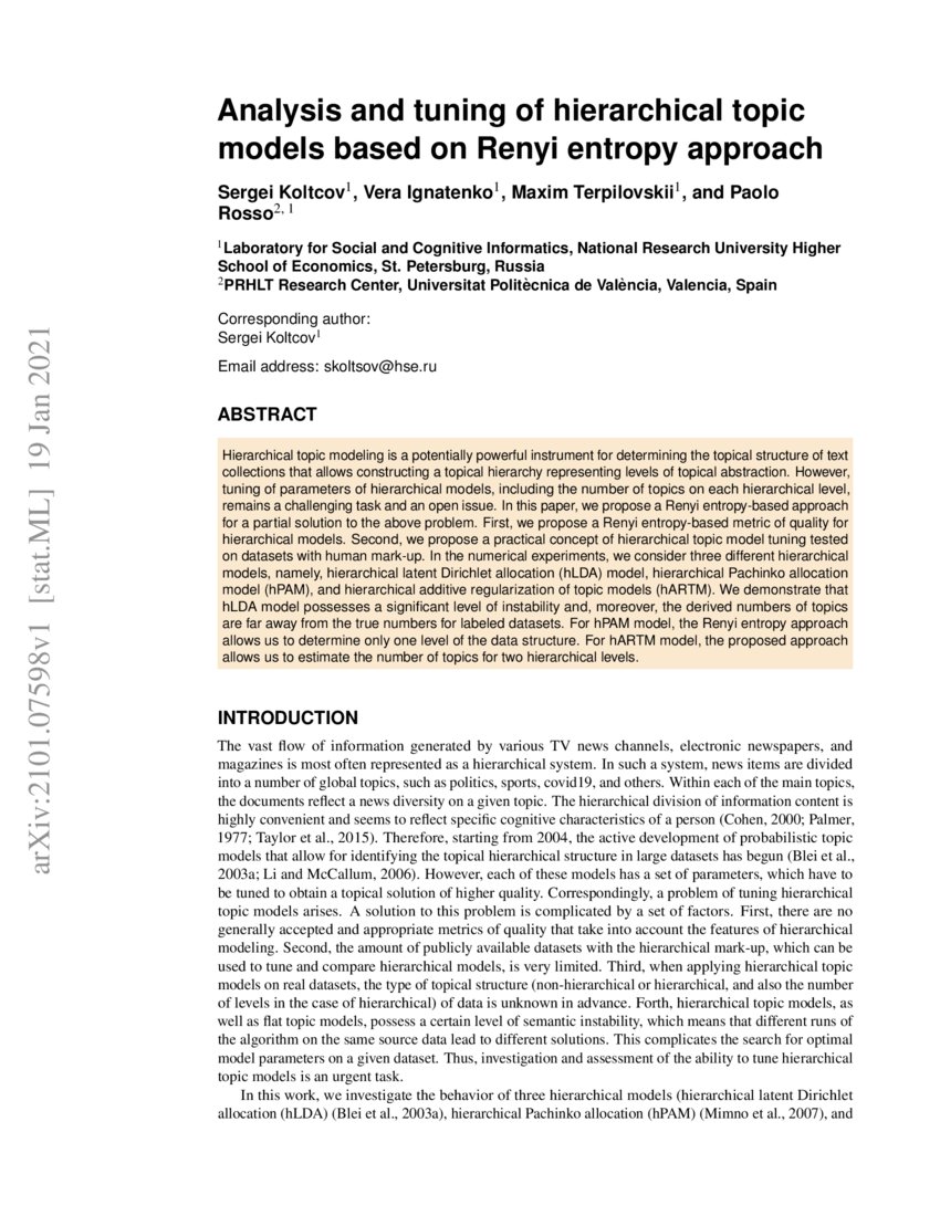 Analysis and tuning of hierarchical topic models based on Renyi entropy approach | DeepAI