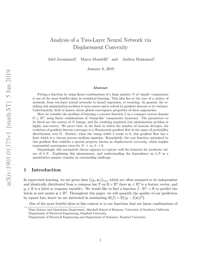 Analysis Of A Two Layer Neural Network Via Displacement Convexity Deepai
