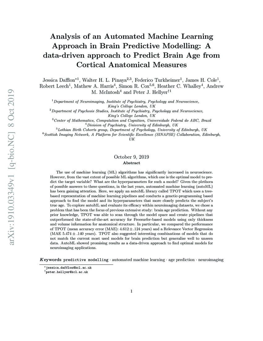Analysis Of An Automated Machine Learning Approach In Brain Predictive