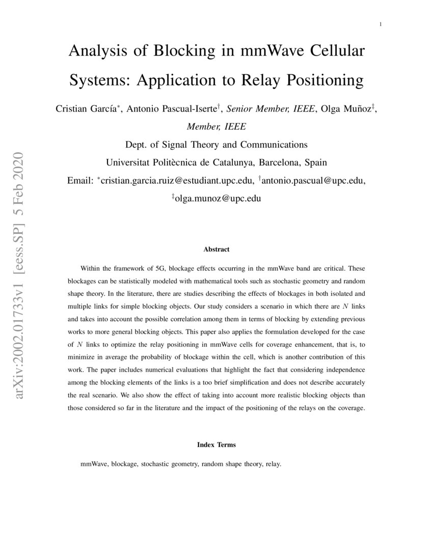 Analysis Of Blocking In Mmwave Cellular Systems Application To Relay
