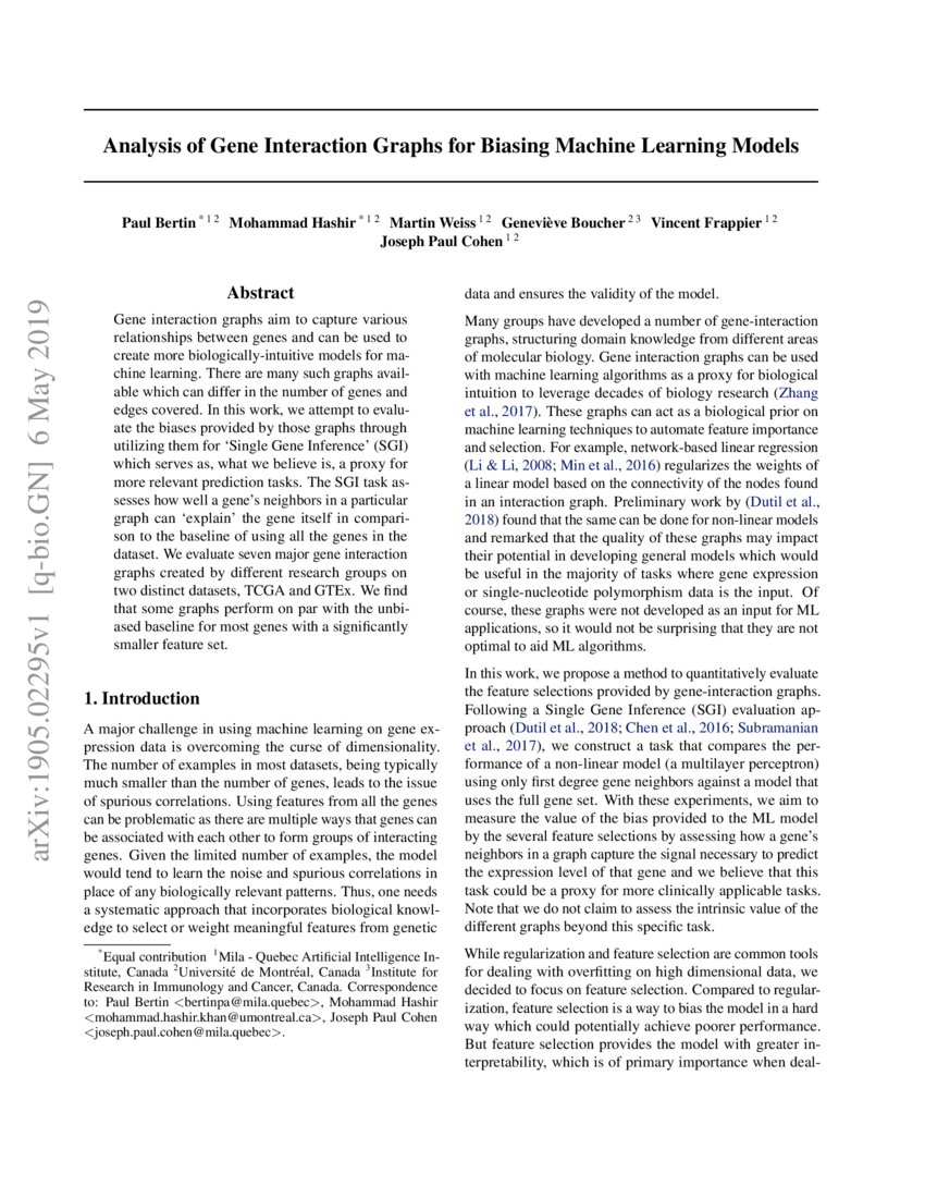 Analysis of Gene Interaction Graphs for Biasing Machine Learning Models | DeepAI