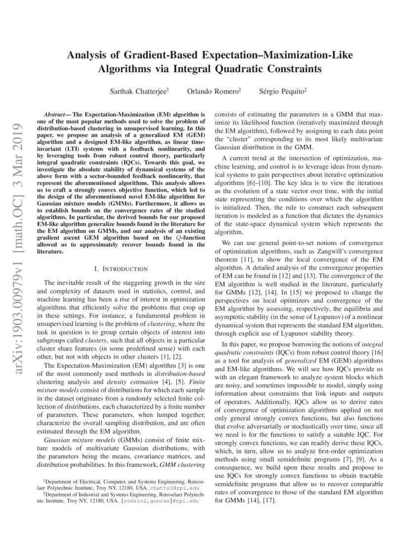Analysis Of Gradient Based Expectation Maximization Like Algorithms Via Integral Quadratic