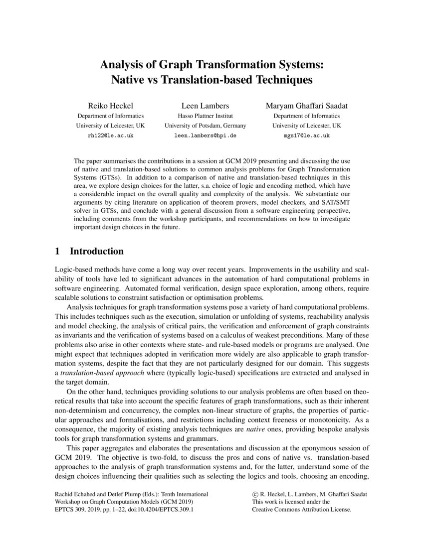 Analysis of Graph Transformation Systems: Native vs Translation-based Techniques | DeepAI