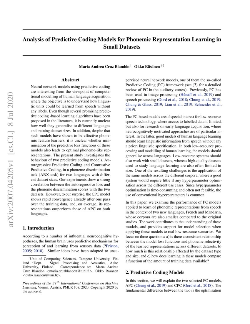Analysis of Predictive Coding Models for Phonemic Representation Learning in Small Datasets | DeepAI