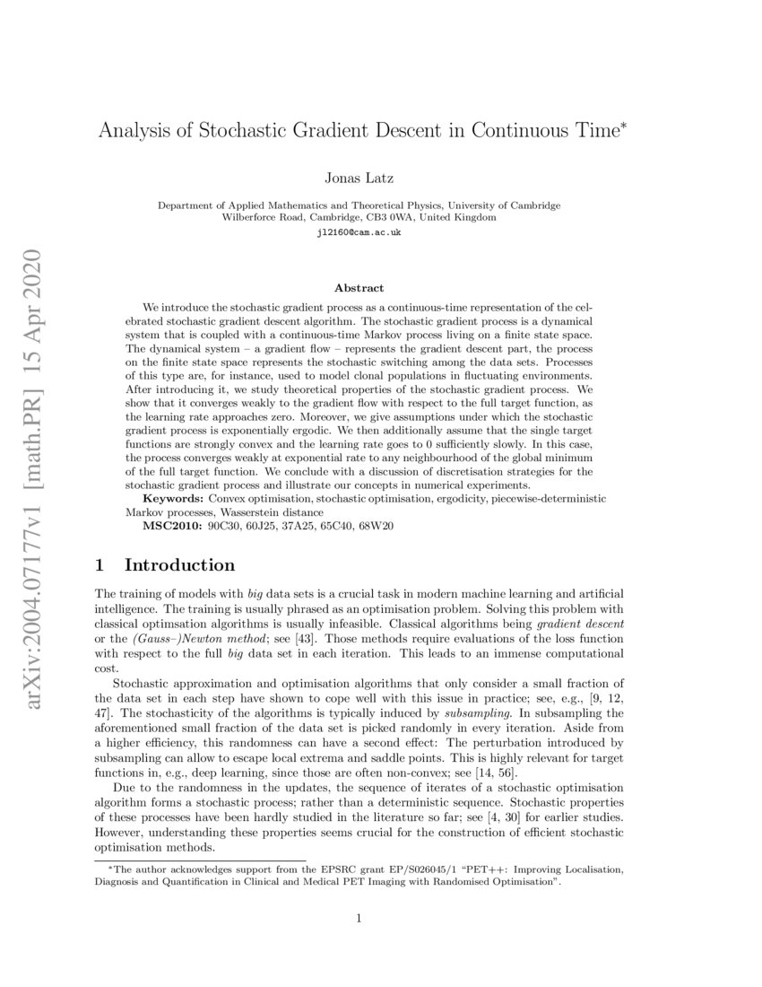 Analysis Of Stochastic Gradient Descent In Continuous Time Deepai