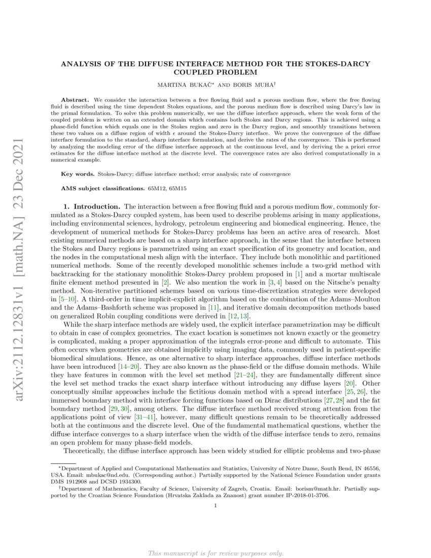 Analysis of the diffuse interface method for the Stokes-Darcy coupled ... Analysis of the diffuse interface method for the Stokes-Darcy coupled ...