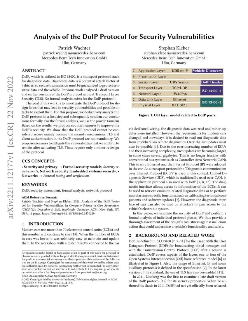 Analysis of the DoIP Protocol for Security Vulnerabilities | DeepAI