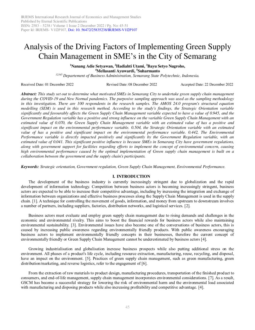 Analysis of the Driving Factors of Implementing Green Supply Chain Management in SME in the City ...