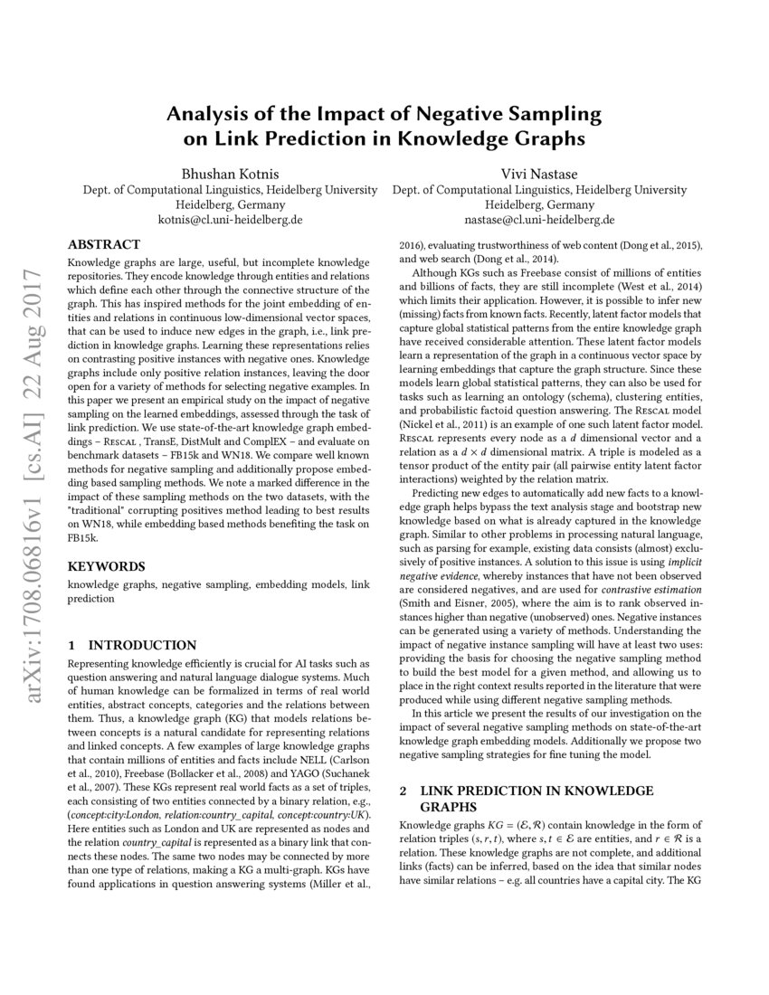 Analysis of the Impact of Negative Sampling on Link Prediction in Knowledge Graphs | DeepAI