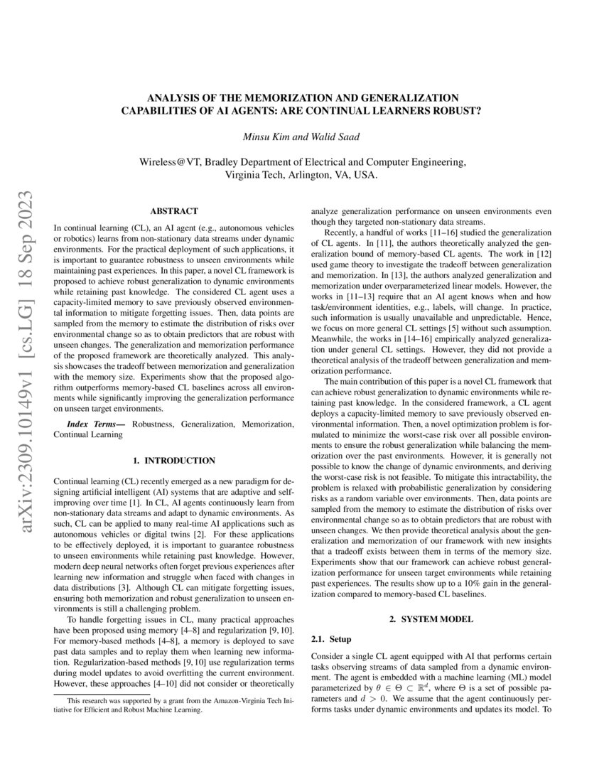 Analysis of the Memorization and Generalization Capabilities of AI Agents: Are Continual ...