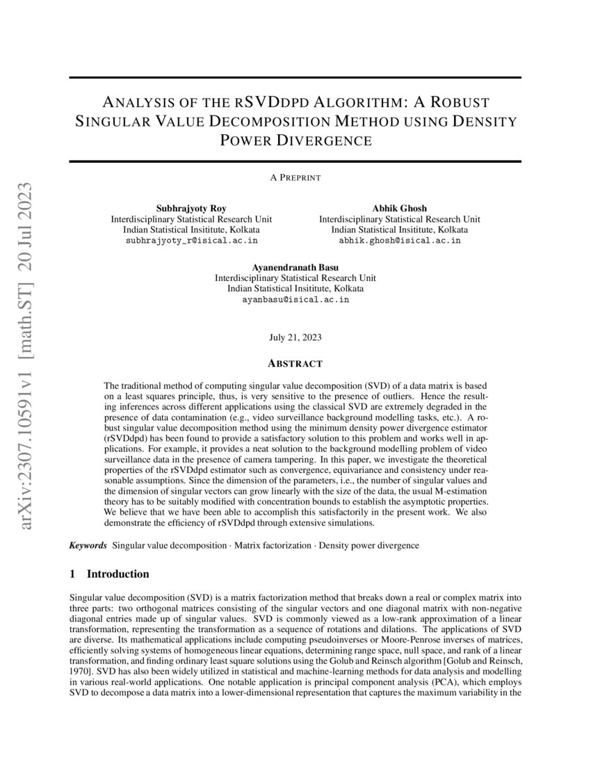 Analysis Of The Rsvddpd Algorithm A Robust Singular Value Decomposition Method Using Density