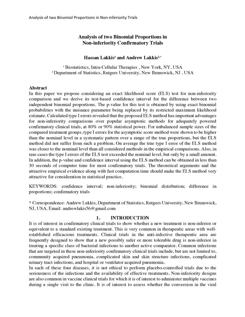 Analysis of two Binomial Proportions in Non-inferiority Confirmatory ...